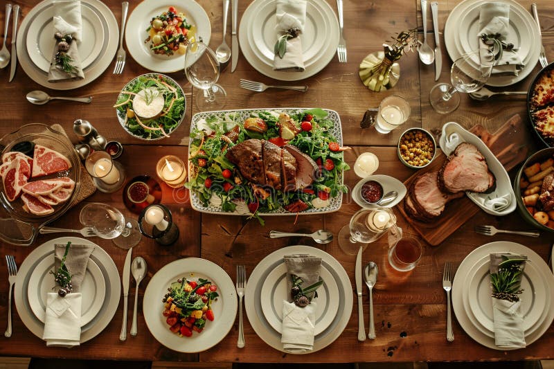 Festive Dinner Table with Gourmet Dishes and Elegant Table Setting ...