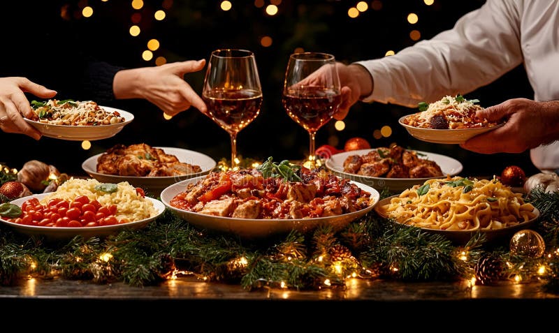 Festive Dinner Table with Rich Dishes and Wine Toasting Cheers Stock ...
