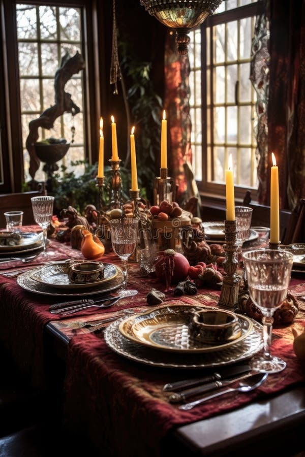 Festive Dinner Table Set for a Family Gathering Stock Illustration ...