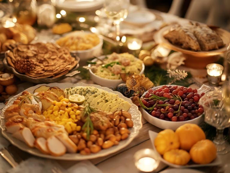 Festive Dinner Table Spread Stock Photo - Image of lighting, banquet ...