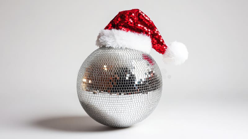 Festive Disco Ball with Santa Hat Reflecting Holiday Lights. Stock ...