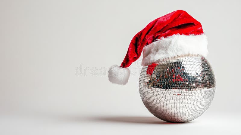 Festive Disco Ball with Santa Hat Reflecting Holiday Lights. Stock ...