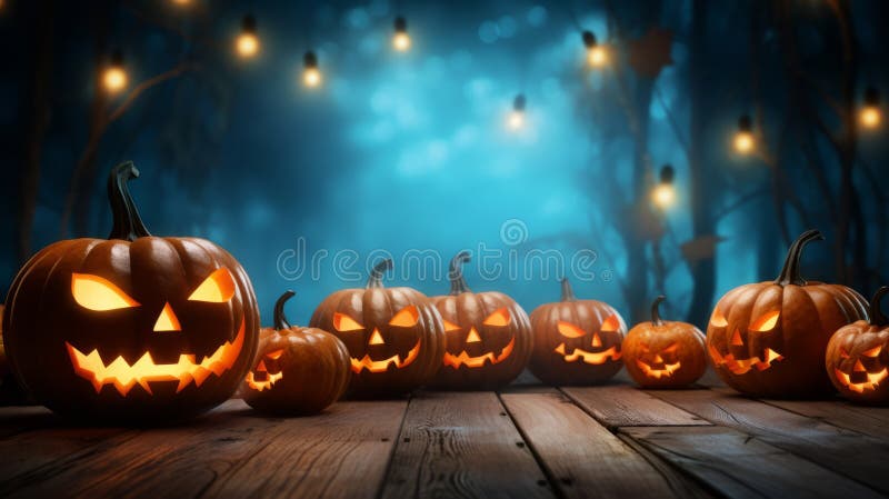 Festive Display of Carved Pumpkins on a Rustic Wooden Table Stock ...