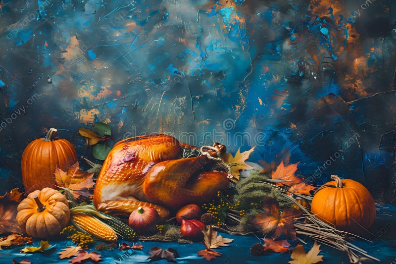 A Festive Display Featuring a Roasted Turkey Surrounded by Autumn ...