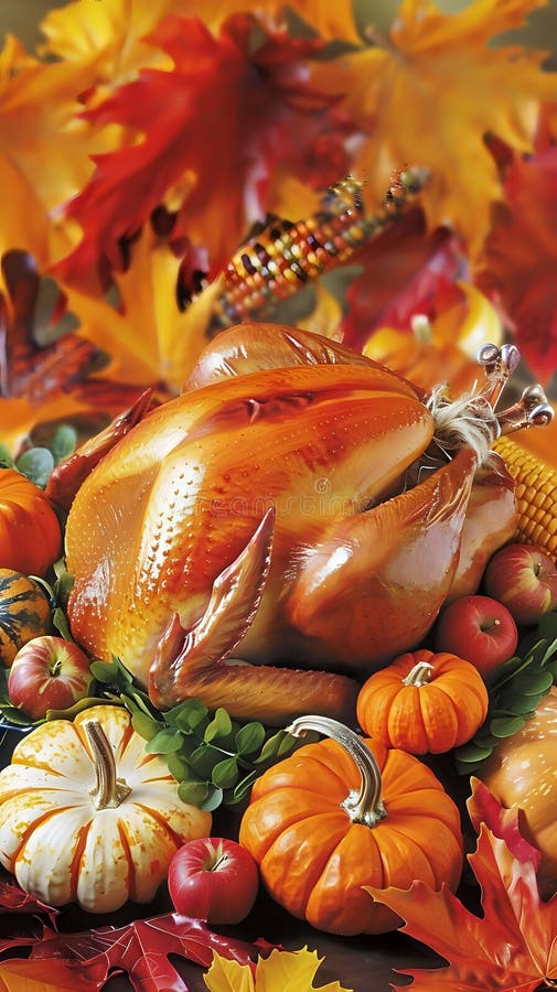 A Festive Display Featuring a Roasted Turkey Surrounded by Pumpkins and ...