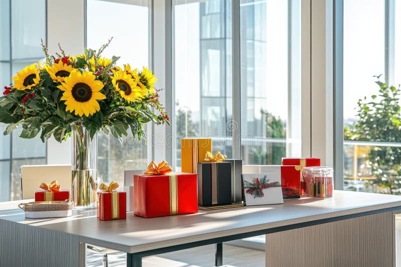 A Festive Display of Gifts and Sunflowers in a Modern Office Setting ...