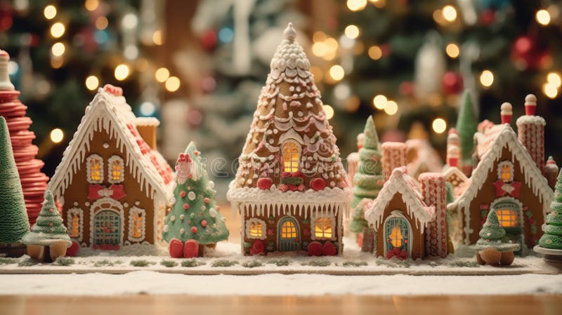 A Festive Display of Gingerbread Houses on a Table Stock Illustration ...