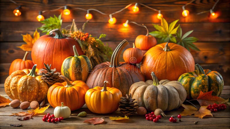 A Festive Display of Pumpkins on a Table Stock Illustration ...