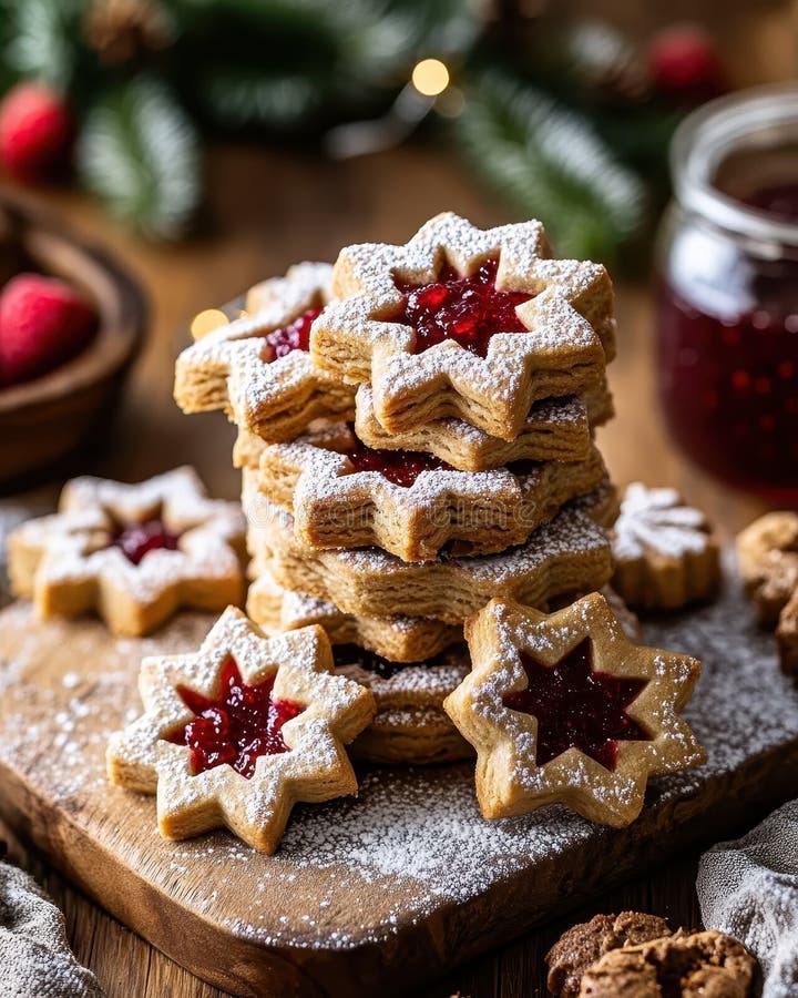 A Festive Display of Star-shaped Cookies Filled with Jam, Dusted with ...