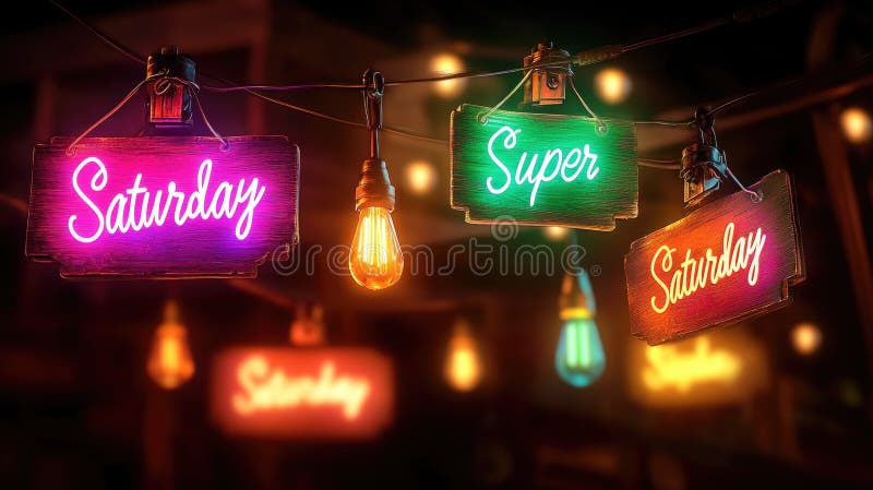 Festive Display of Super Saturday Signs with Decorative String Lights ...