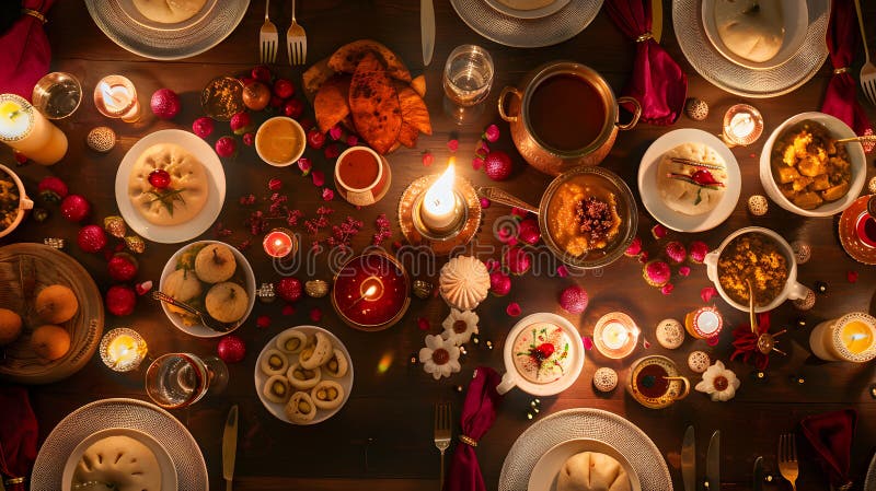 Diwali Dinner Table with Dishes Stock Illustration - Illustration of ...