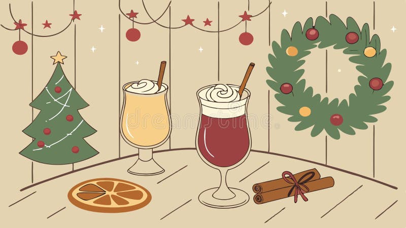 Festive Drinks and Christmas Decor on a Wooden Backdrop Stock Vector ...