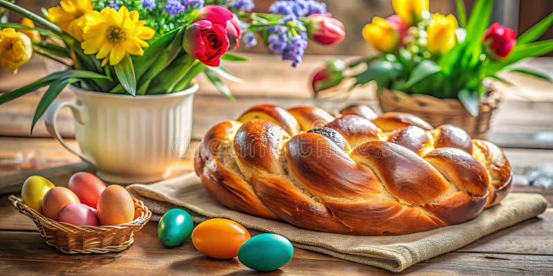 Festive Easter Breakfast Scene Braided Bread Eggs and Spring Flowers ...
