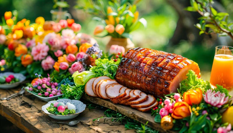 Festive Easter Brunch Spread with Glazed Ham, Easter Eggs, Salads ...