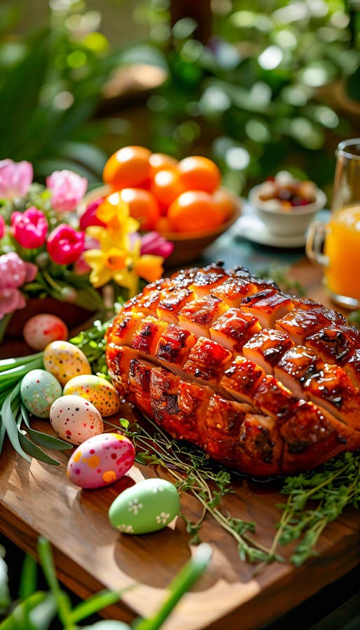 Festive Easter Brunch Spread with Glazed Ham, Easter Eggs, Salads ...