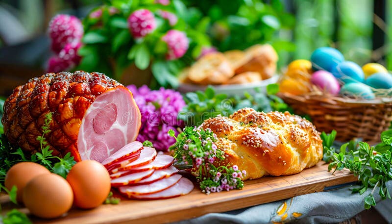 Festive Easter Brunch Spread with Glazed Ham, Easter Eggs, Salads ...