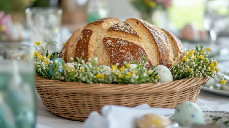 Festive Easter Brunch Table Setting with Fresh Bread and Flowers Stock ...