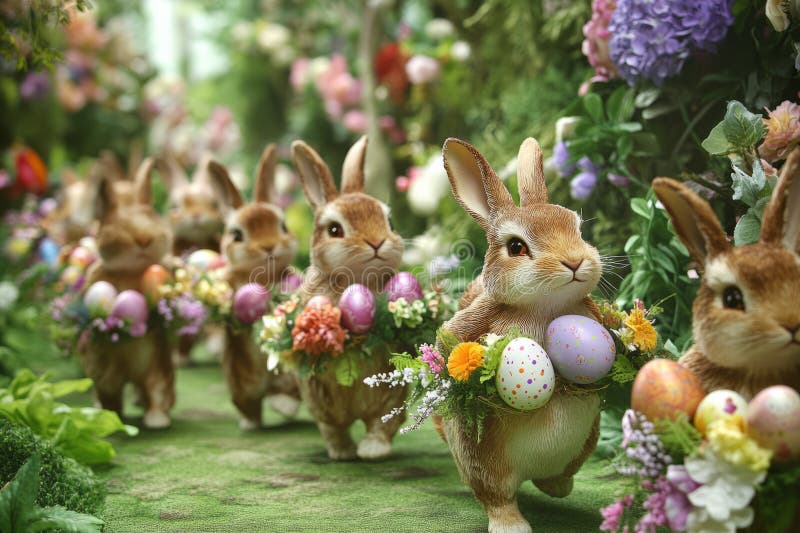 A Festive Easter Bunny Parade with Multiple Bunnies Marching Down a ...