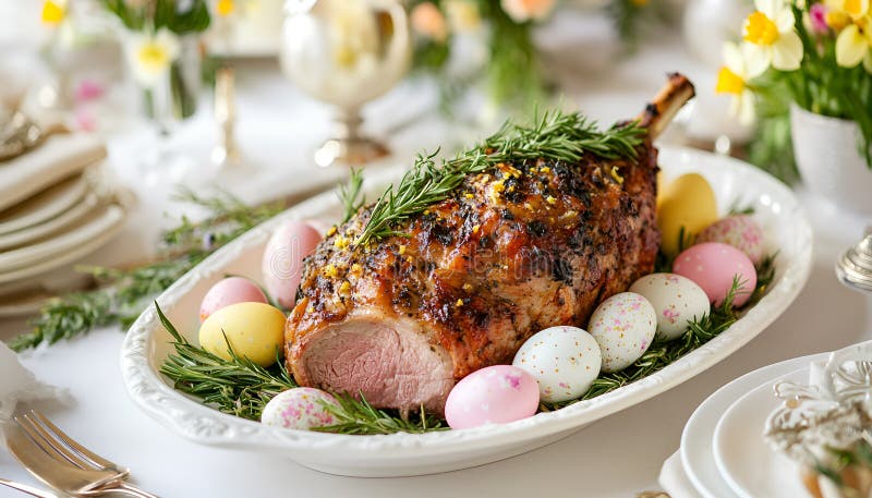Festive Easter Dinner Table with Roasted Lamb and Colorful Eggs ...