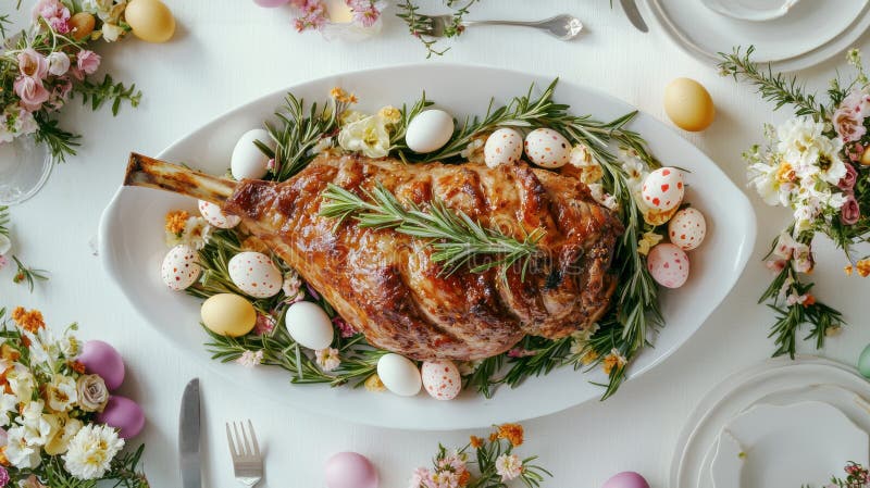Festive Easter Dinner Table with Roasted Lamb and Colorful Eggs ...