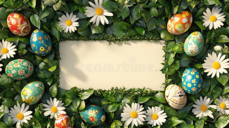 Festive Easter Egg and Daisy Border on Lush Green Leaf Background Happy ...
