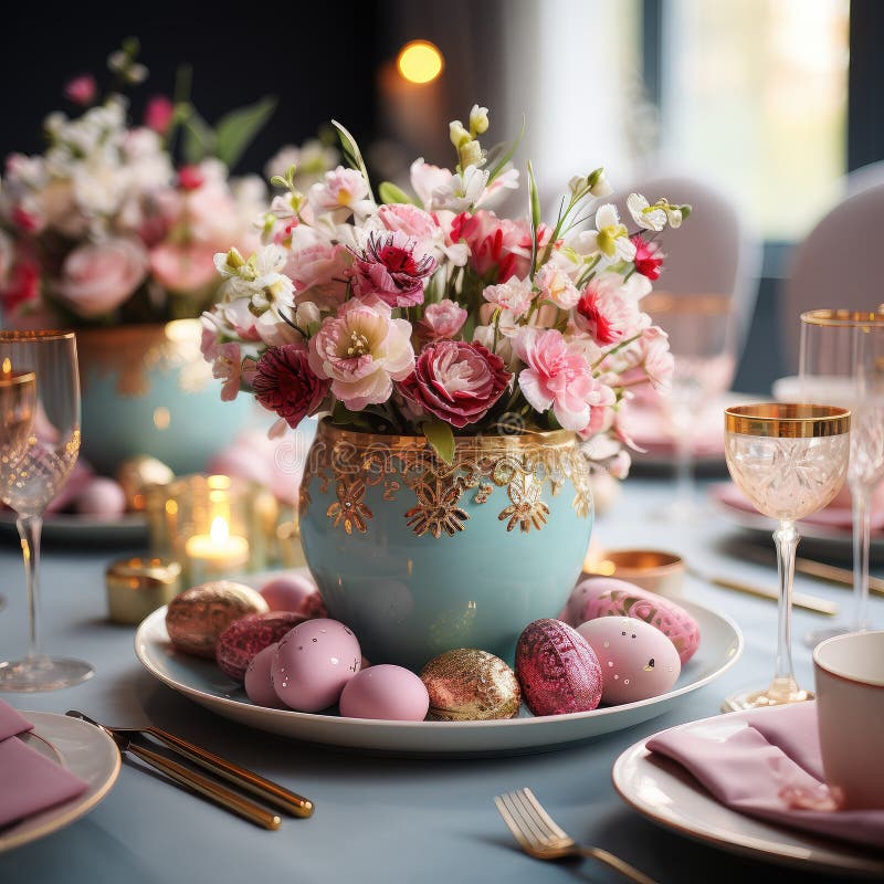 Festive Easter Lunch. Beautifully Laid Table, with Easter Eggs and ...