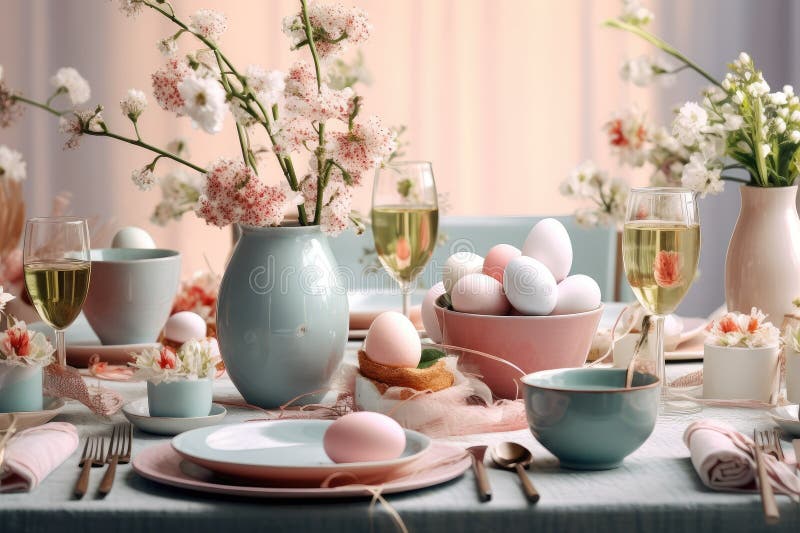 Festive Easter Lunch. Beautifully Laid Table, with Easter Eggs and ...