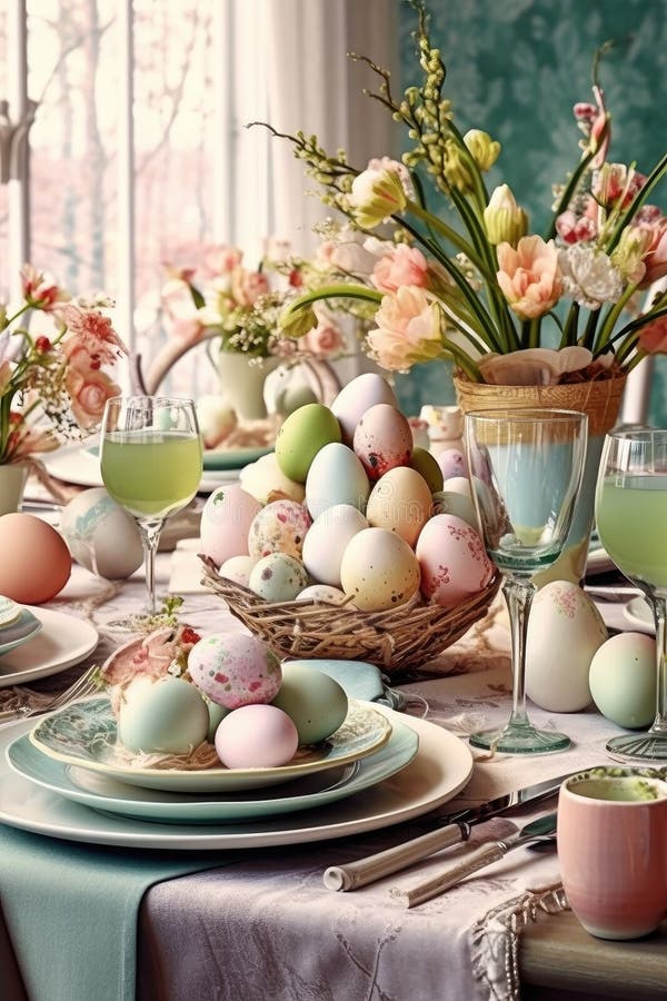 Festive Easter Lunch. Beautifully Laid Table, with Easter Eggs and ...