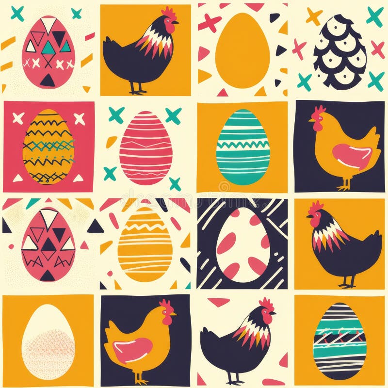 Festive Easter Pattern with Colorful Eggs and Chickens Illustration Stock Photo - Image of ...