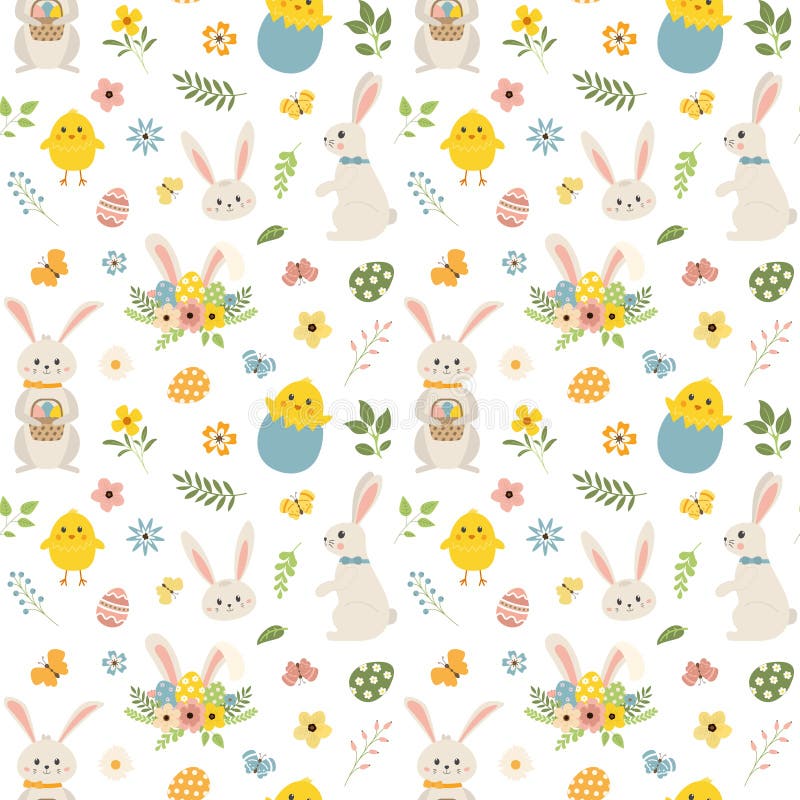 Festive Easter Seamless Pattern with Bunnies, Chicks, Eggs and Flowers Stock Vector ...