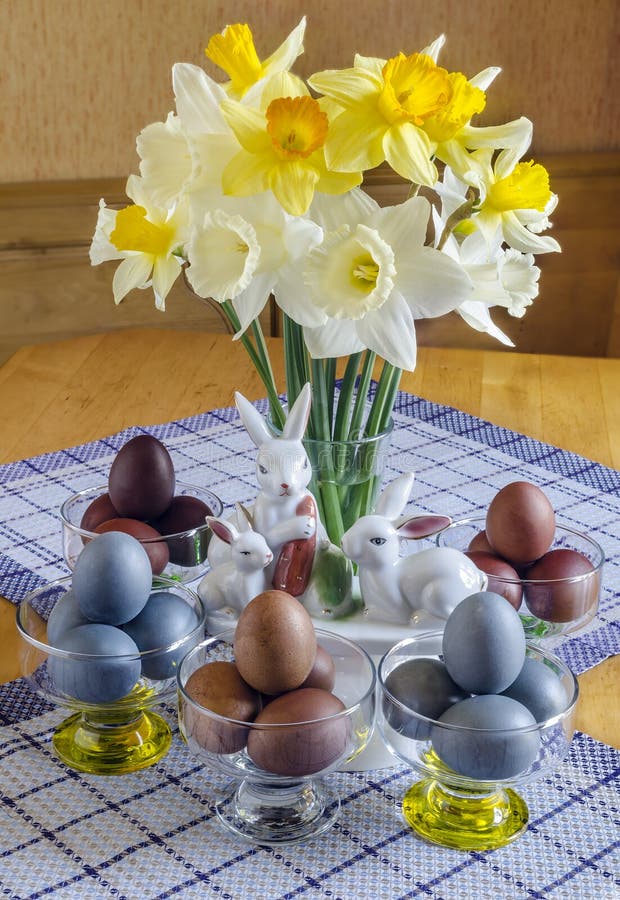 Festive Easter Table Decorated with Flowers, Colored Eggs and Cakes ...