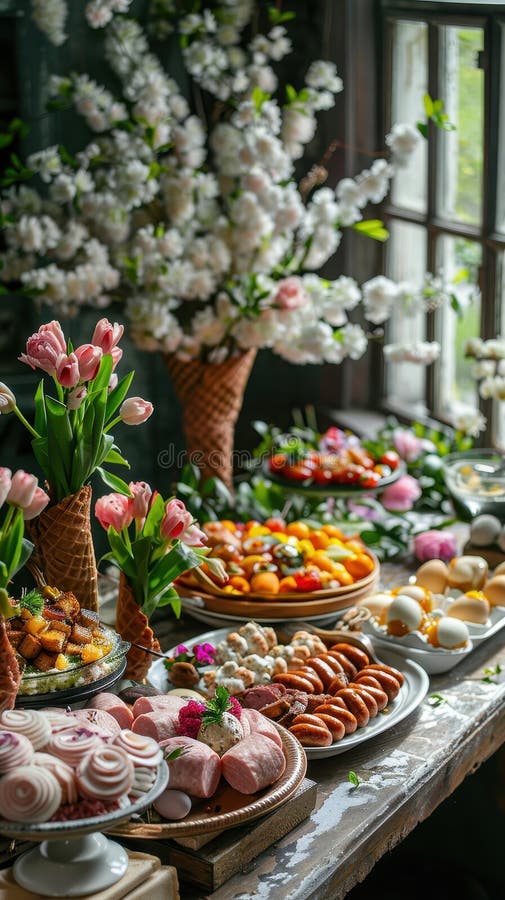 Festive Easter Table Featuring a Variety of Delicious Dishes and ...