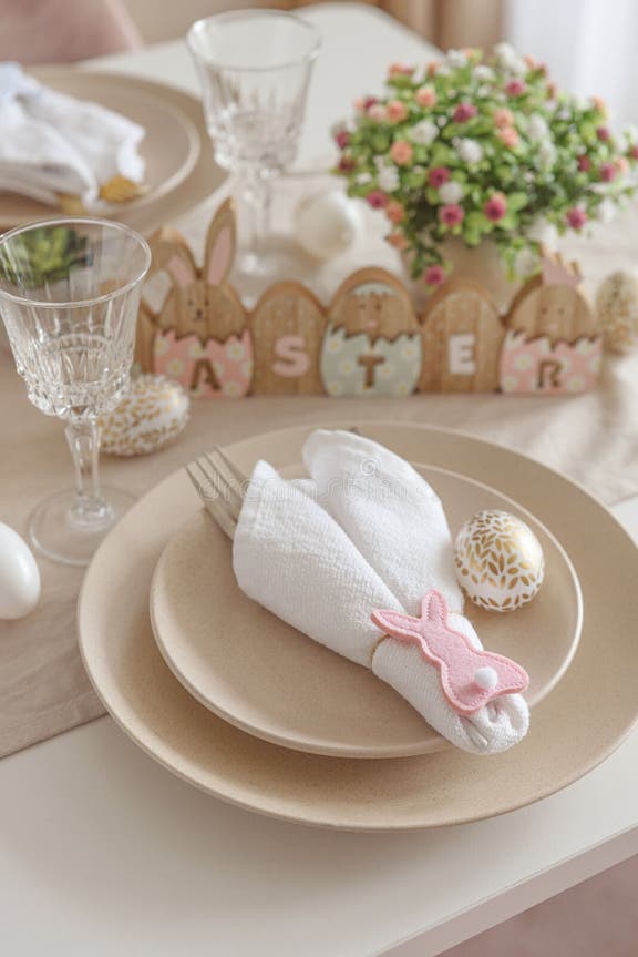 Festive Easter Table Setting with Easter Bunny Made from Napkin. Easter ...