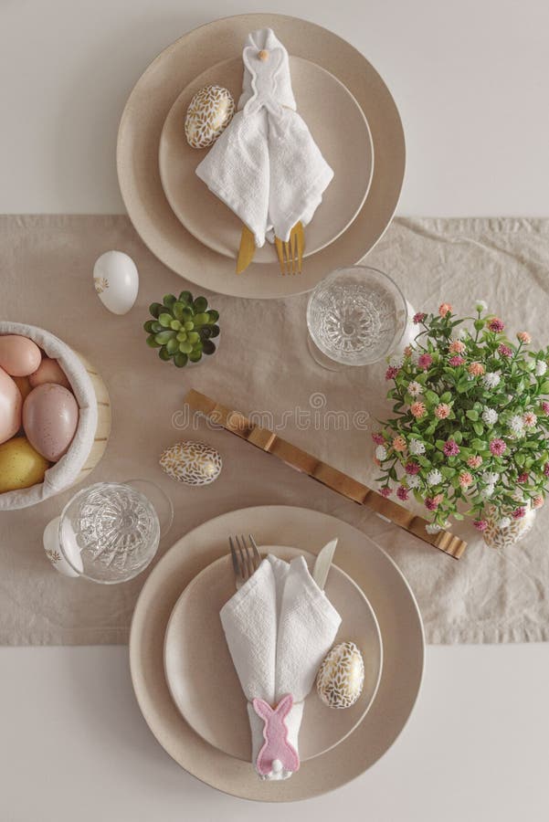 Festive Easter Table Setting with Easter Bunny Made from Napkin. Easter ...