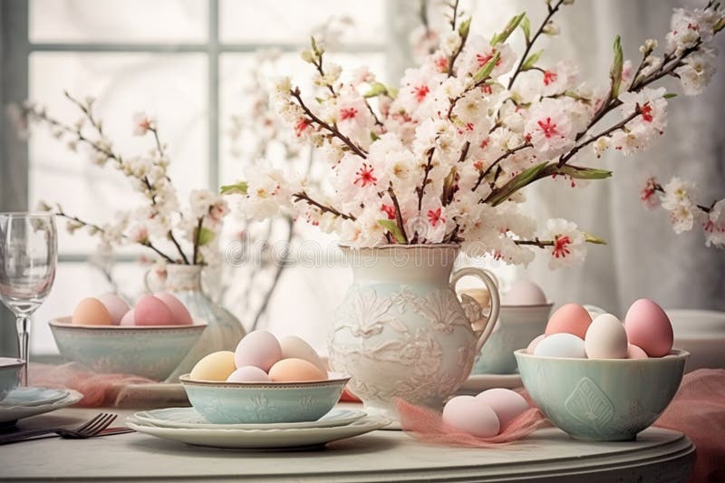 Festive Easter Table Setting of Painted Eggs on a Plate, a Bouquet of ...