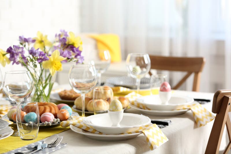 Festive Easter Table Setting with Traditional Meal at Home Stock Photo ...