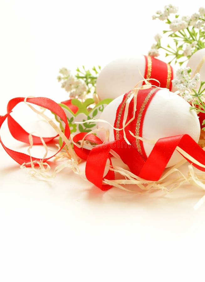Festive Eggs Decorated with Red Ribbon - Symbol of Easter Stock Photo ...