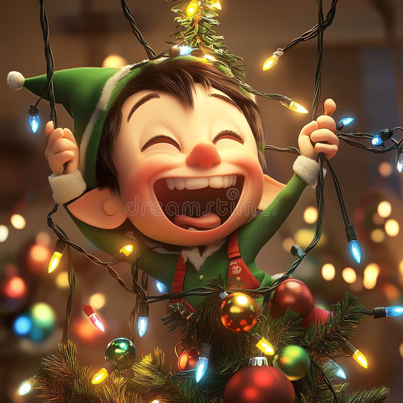 Festive Elf Decorating Christmas Tree with Colorful Lights and ...