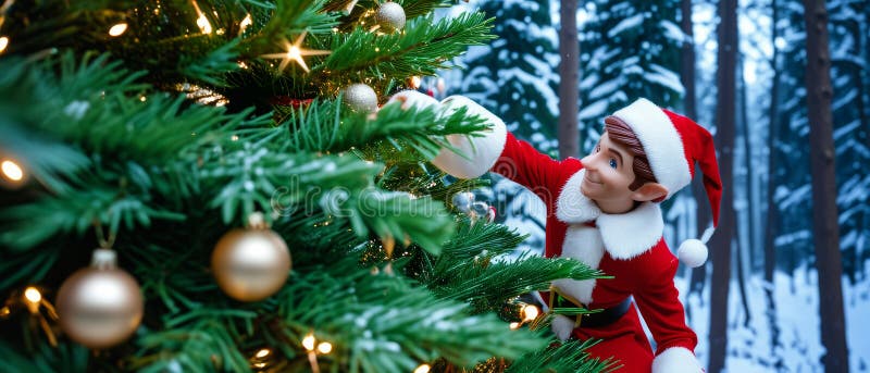 Festive Elf Decorating Christmas Tree in Snowy Forest Stock Image ...