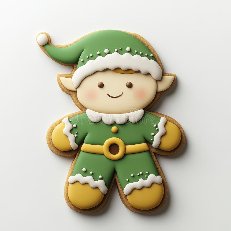 Festive Elf Shaped Cookie with Colorful Icing on White Background Stock ...