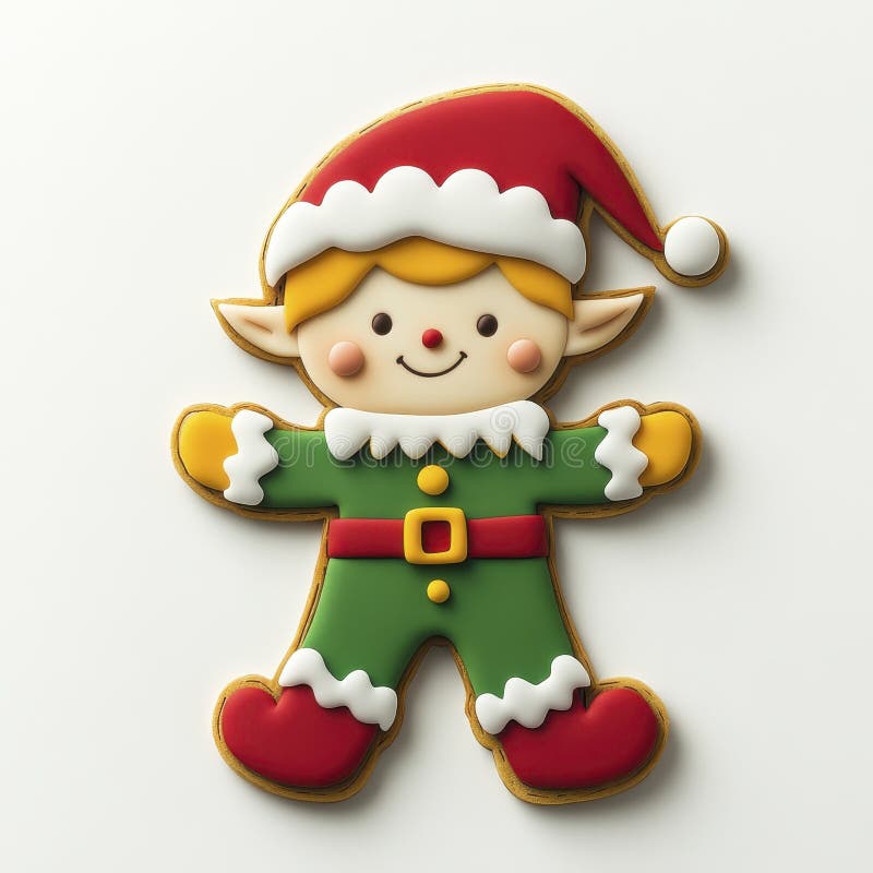 Festive Elf Shaped Cookie with Colorful Icing on White Background Stock ...