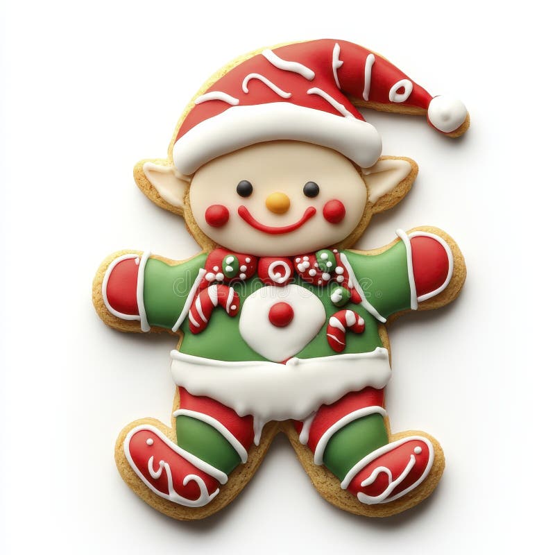 Festive Elf Shaped Cookie with Colorful Icing on White Background Stock ...