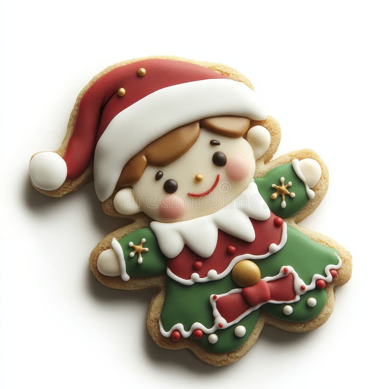 Festive Elf Shaped Cookie with Colorful Icing on White Background Stock ...