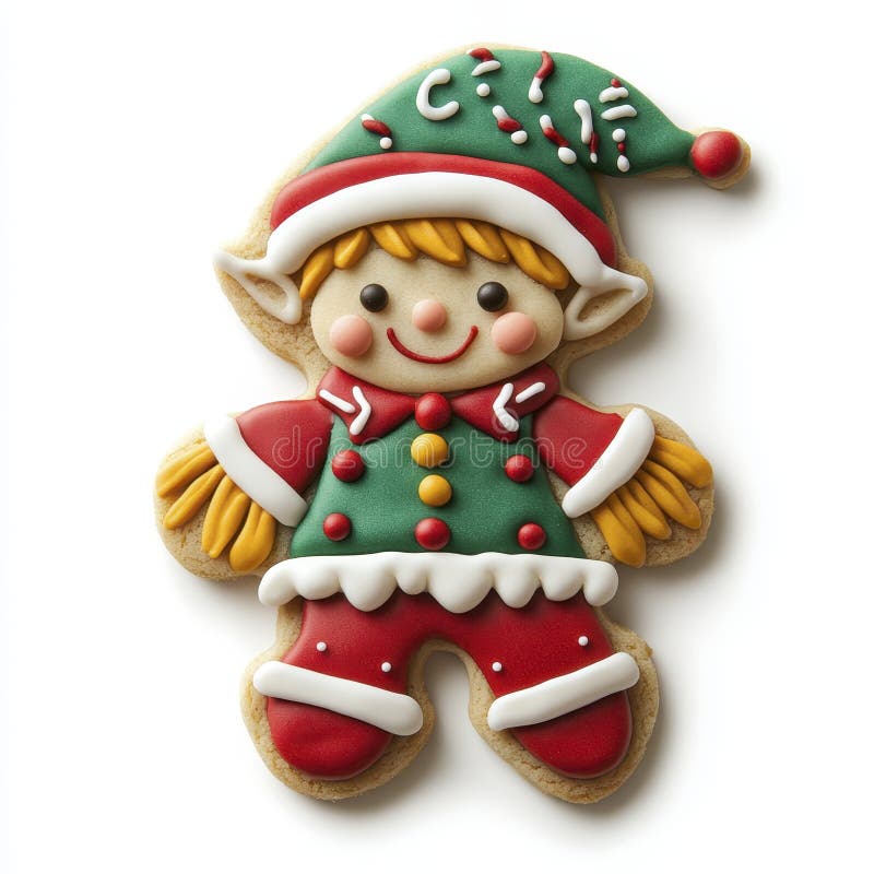 Festive Elf Shaped Cookie with Colorful Icing on White Background Stock ...