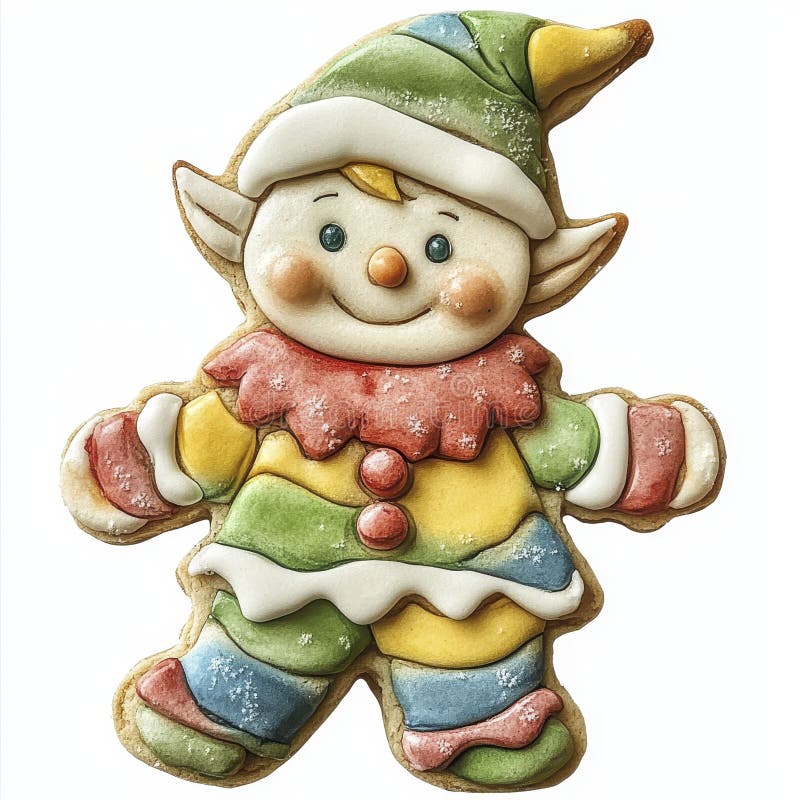Festive Elf Shaped Cookie with Colorful Icing on White Background Stock ...