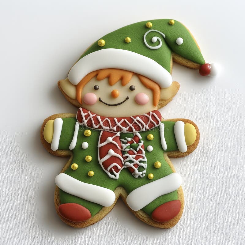 Festive Elf Shaped Cookie with Colorful Icing on White Background Stock ...