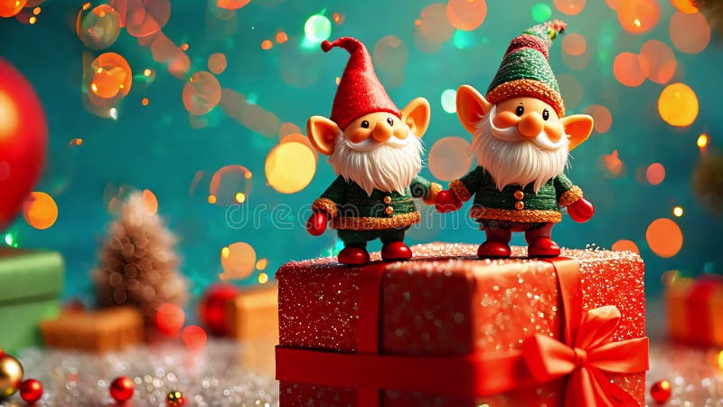 Festive Elves on Wrapped Gift Box Amid Christmas Decorations and Lights ...
