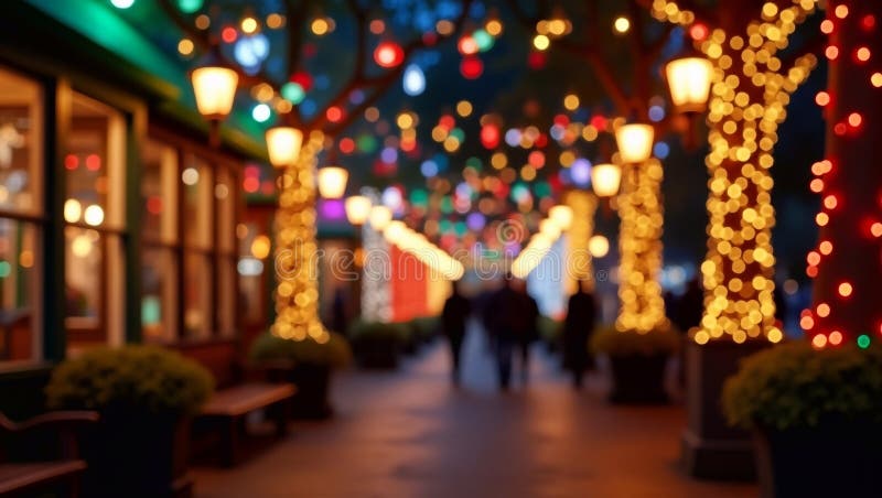 Festive Evening Stroll through a Decorated City Street Stock ...