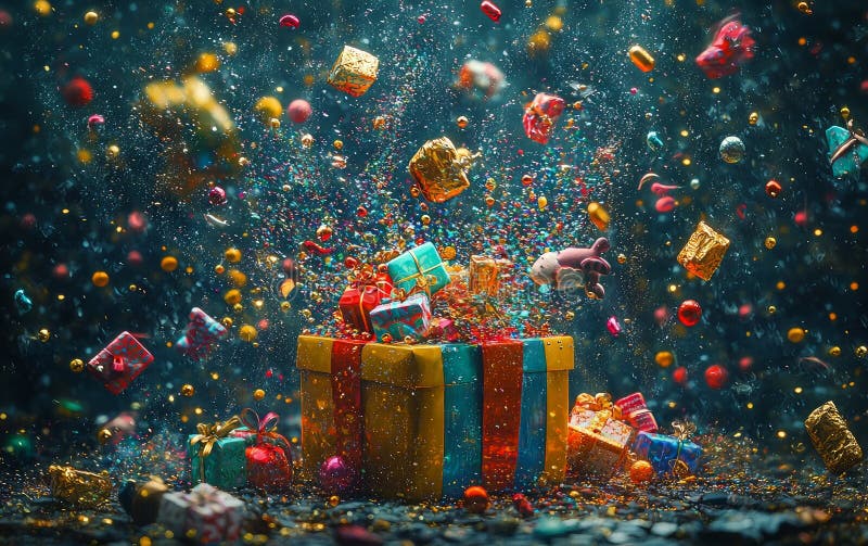 A Festive Explosion of Colorful Gifts and Confetti from a Striped Gift ...