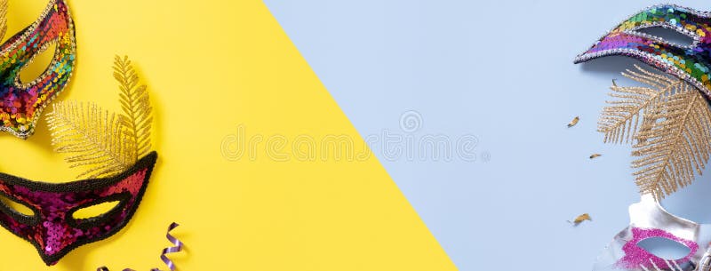 Festive Face Masks for Carnival Celebration on Two Colored Background ...